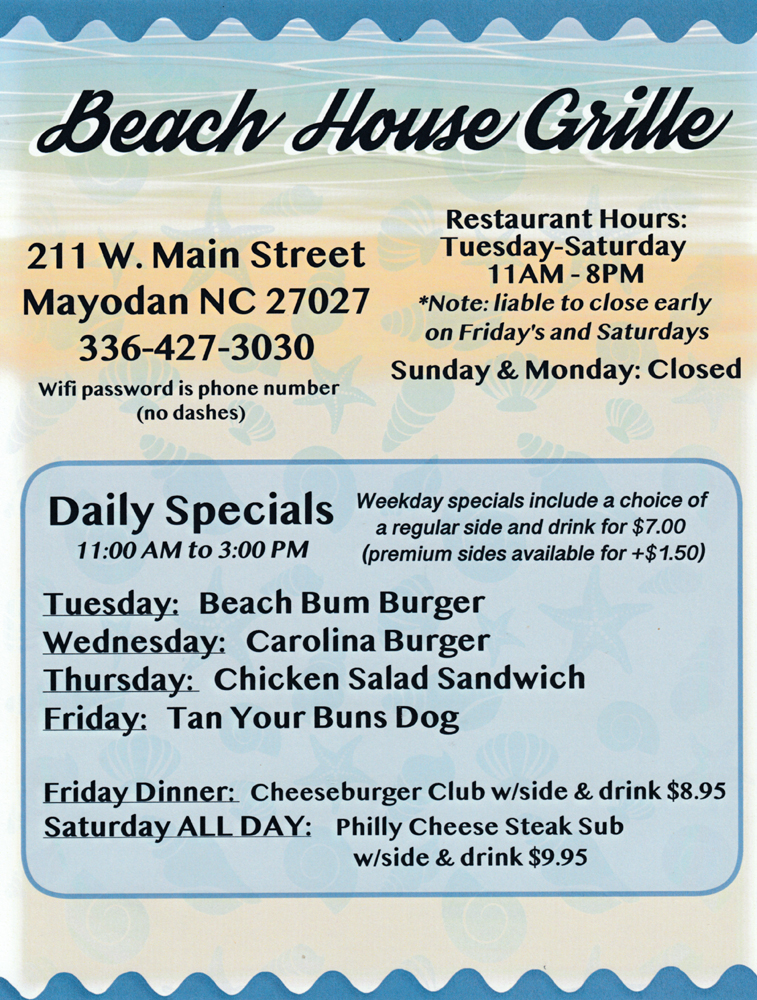 BEACH HOUSE GRILLE, 211 W Main St, Mayodan, NC, Phone 336-427-3030