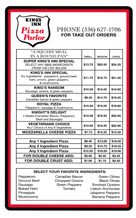 KING'S INN PIZZA PARLOR, 112 N. Van Buren Rd., Eden, NC, 336-627-1706